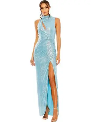Mac Duggal Metallic Jersey Sleeveless Gown - Blue
