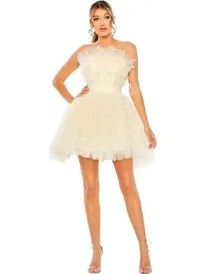 Mac Duggal Tulle Strapless Fit And Flare Dress With Feathered Bustier - Ivory