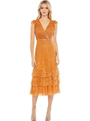 Mac Duggal Embellished Mesh Overlay Dress - Orange