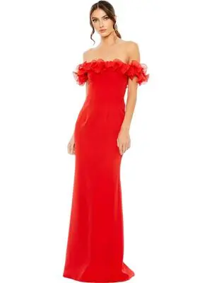 Mac Duggal Off-the-shoulder Crepe Gown With Ruffle Neckline - Red