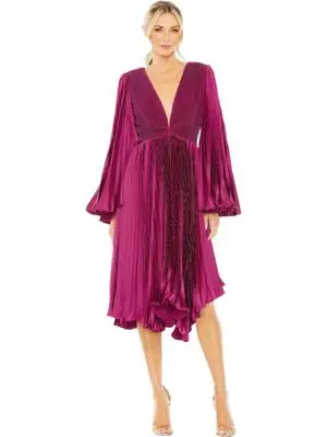 Mac Duggal Long Flare Sleeve Pleated Dress - Berry