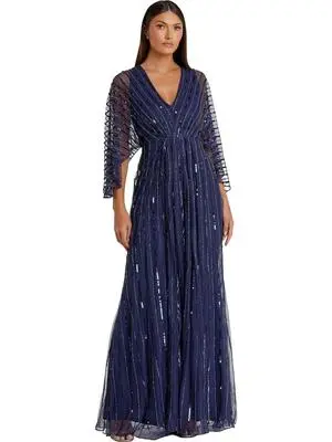 Mac Duggal Sequin-embellished Gown With Kimono Sleeves - Navy