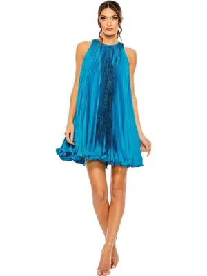 Mac Duggal Pleated Halter Neck Trapeze Mini Dress - Blue