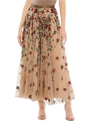 Mac Duggal Floral Beaded Long Chiffon Skirt - Coffee