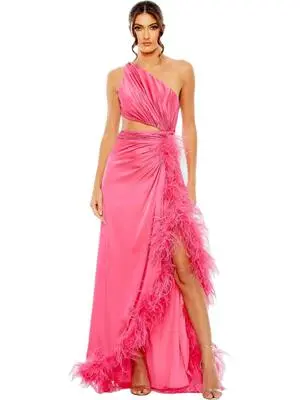 Mac Duggal Asymmetrical One-shoulder Feathered Gown - Pink