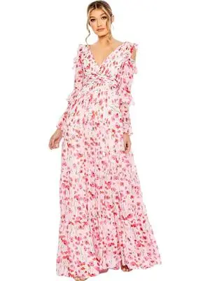 Mac Duggal Floral Print Chiffon Gown With Ruffle Sleeves - White Multi