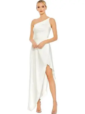 Mac Duggal One-shoulder Draped Satin Hi-low Gown - White