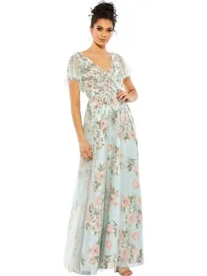 Mac Duggal Floral Flutter Sleeve V-neck Maxi Dress - Blue Multi