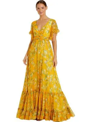 Mac Duggal Flounce Sleeve Floral Maxi Dress - Yellow