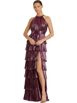 Mac Duggal Metallic Lam Gown With Tiered Ruffle Skirt - Purple