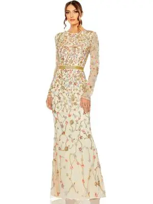 Mac Duggal Floral Embellished Gown With Beaded Details - Nude Multi