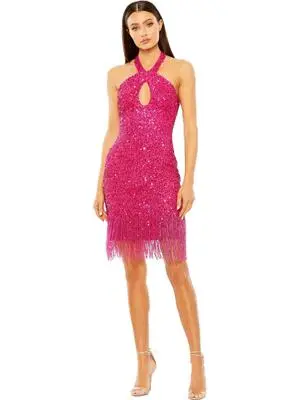 Mac Duggal Beaded Halterneck Mini Dress With Fringe - Pink