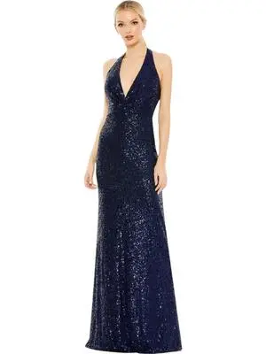 Mac Duggal Sequin Halter Gown - Navy