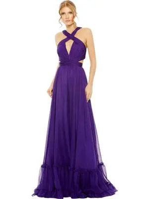 Mac Duggal Halter Cutout Keyhole Tiered Gown - Purple