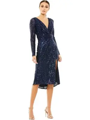 Mac Duggal Long Sleeve Sequin Midi Dress - Navy