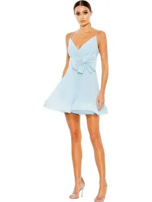 Mac Duggal Faux Wrap Bow Detail Flowy Mini Dress - Blue