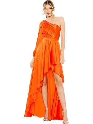 Mac Duggal Ieena For Mac Duggal One-Shoulder Hi-Low Gown Orange