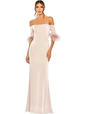 Mac Duggal Feather Trim Off-the-shoulder Column Gown - Blush