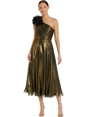 Mac Duggal Rosette One-shoulder Tea-length Dress - Gold