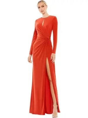Mac Duggal Long Sleeve Keyhole Draped Gown - Red