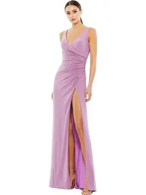 Mac Duggal Ruched Stretch Jersey V-neck Gown - Purple