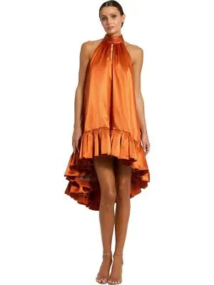 Mac Duggal High Neck Satin Mini Dress With Keyhole - Orange