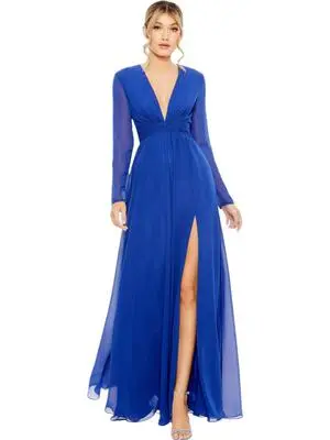 Mac Duggal Empire Waist Gown With Thigh-high Slit - Blue
