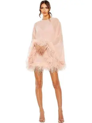 Mac Duggal Trapeze Mini Dress With Feather Trim - Pink