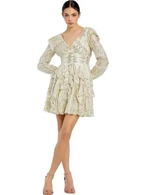 Mac Duggal Long Sleeve Ruched Ruffle Mini Dress - Gold Multi