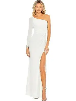 Mac Duggal One-sleeve Beaded Cuff Side Twist Gown - White