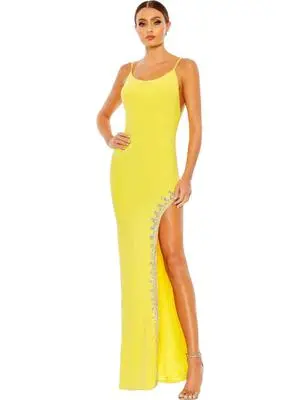 Mac Duggal Rhinestone Embellished Cami Gown With Slit - Yellow