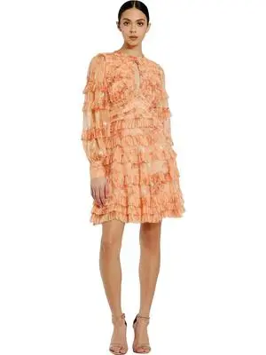 Mac Duggal Keyhole Detail Long Sleeve Mini Dress - Peach Multi