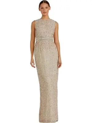 Mac Duggal Sequin High Neck Sleeveless Column Gown - Neutral