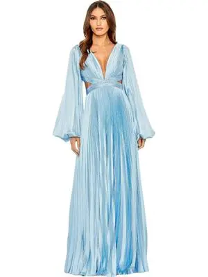 Mac Duggal Long Sleeve Pleated Charmeuse Cut Out Gown - Blue