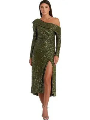 Mac Duggal One-shoulder Sequin Midi Dress - Green