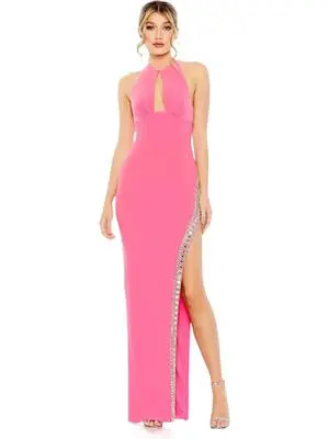 Mac Duggal Halter Gown With Beaded Slit Detail - Pink