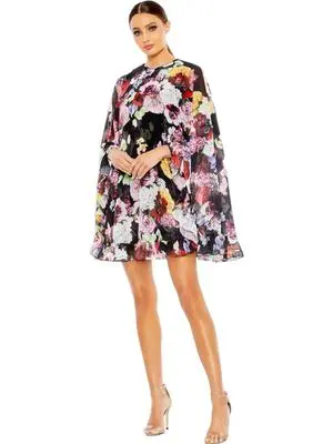 Mac Duggal Ieena For Mac Duggal Floral Print High Neck Cape Mini Dress Multicolor