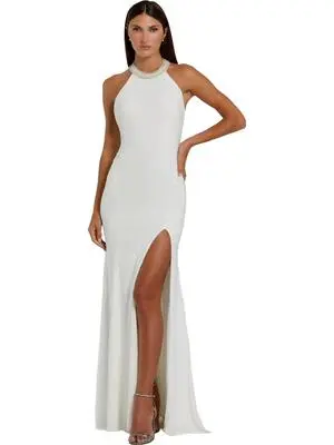 Mac Duggal Beaded Halter Jersey Gown - White