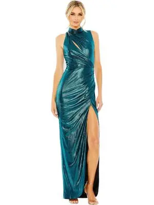 Mac Duggal Metallic Jersey Gown With Keyhole Bodice - Peacock