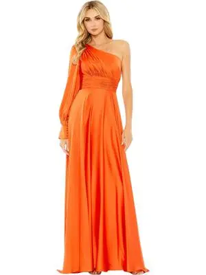 Mac Duggal One-shoulder Gown With Bishop Sleeve - Orange