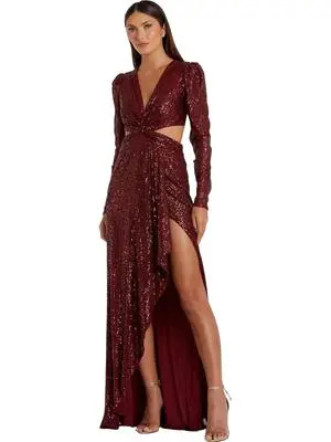 Mac Duggal Sequin Embellished Long Sleeve Gown - Red