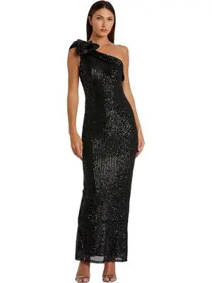 Mac Duggal Sequined Bow One Shoulder Column Gown - Black