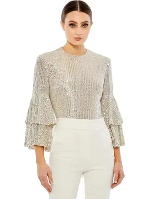 Mac Duggal Ruffle Sleeve Sequin Bodysuit - Neutral