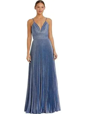 Mac Duggal Metallic Lurex Gown With Glitter Detail - Blue