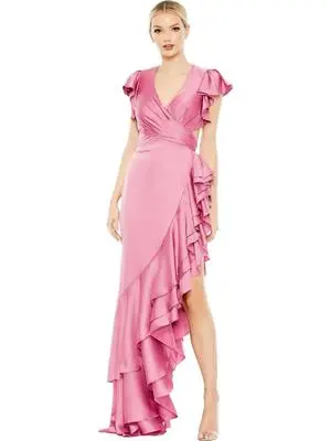 Mac Duggal Satin Charmeuse Gown With Ruffled Hem - Pink