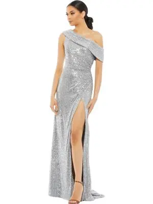 Mac Duggal Sequined Drop Shoulder Gown - Silver