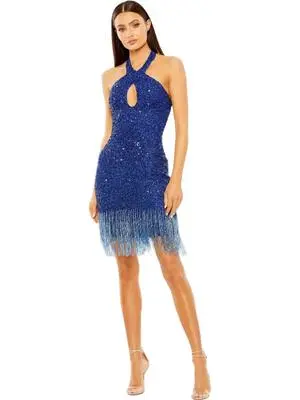 Mac Duggal Beaded Mini Dress With Fringe Hem - Blue