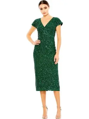 Mac Duggal Sequin Wrap-over Cocktail Dress With Cap Sleeves - Green
