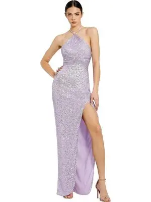 Mac Duggal Halter Neck Sequin Gown With Front Slit - Purple