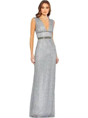 Mac Duggal Beaded Cap Sleeve V-neck Column Gown - Silver